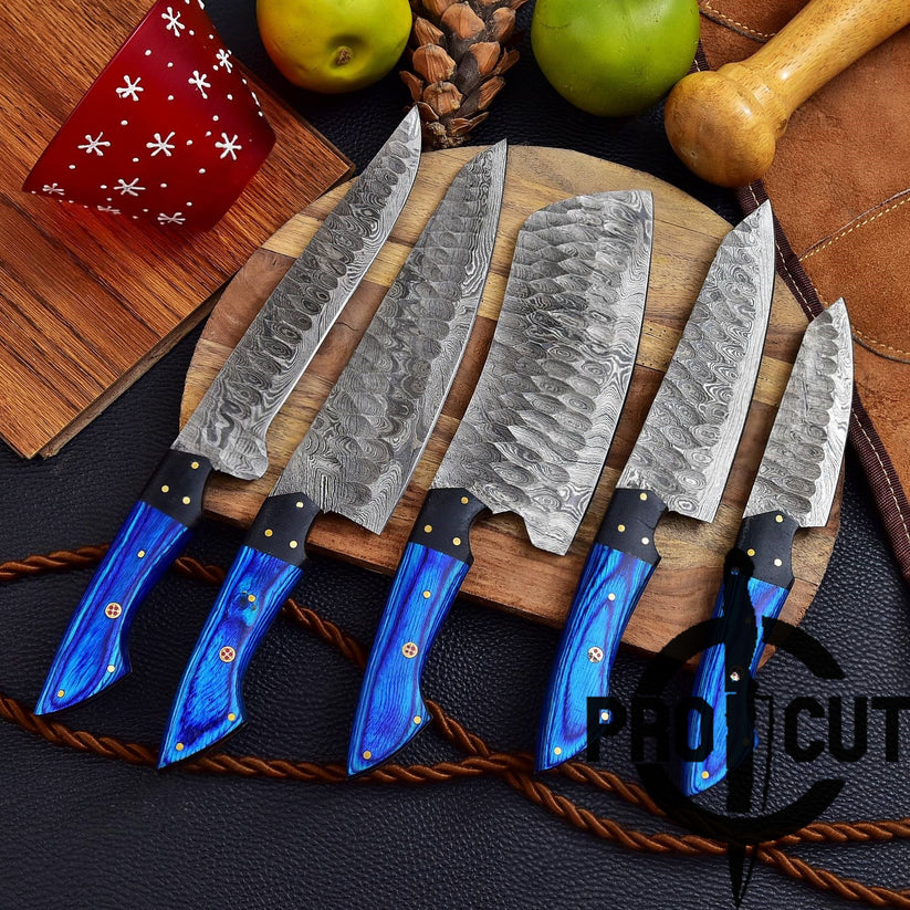 Pro Cut Forge Heart Damascus Steel Chef Set - Blue Wood Handle – Pro Cut Blades